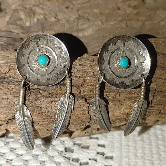 Jewelry | Vintage Sterling Silver Dangle Feather Earrings Turquoise ...